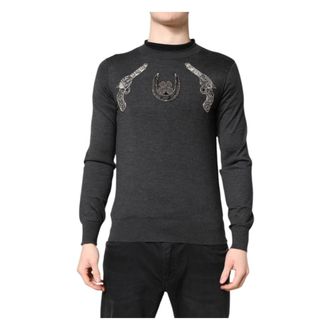 Dolce & Gabbana Grauer Bestickter Strick Herren Pullover - - Knitwear - Herren - Grau - S