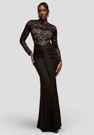 Goddiva Maxikleid Lace High Neck Sheer Bodice Long Sleeve Maxi Dress langes Kleid, Spitzen-Top, lange &Auml;rmel