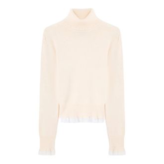 Ganni Merino-Rollkragenpullover mit Spitzendetails - - Knitwear - Damen - Beige - XS