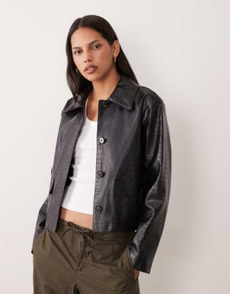 Mango veste en cuir effet croco noire