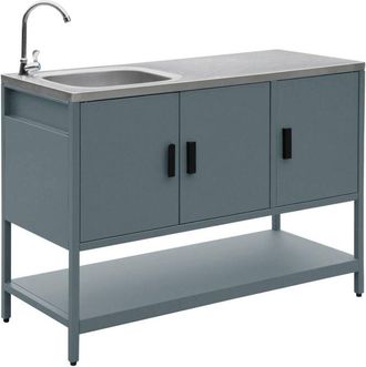 Sweeek Cuisine dext&eacute;rieure en acier bleu gris avec &eacute;vier L120cm