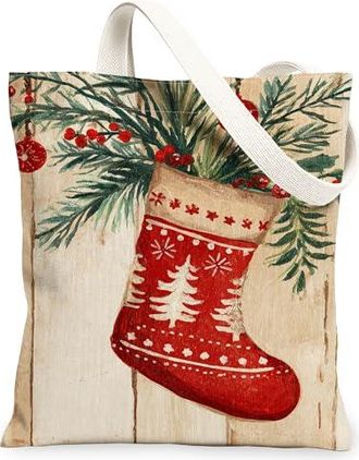 Generic Sacs fourre-tout en toile pour chaussettes de No&euml;l, sacs r&eacute;utilisables &agrave; motif floral pour lhiver, en lin rustique, l&eacute;ger et lavable avec bandouli&egrave;re,