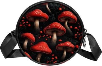 Generic Sac &agrave; bandouli&egrave;re rond pour femme, motif champignons rouges, petit sac &agrave; bandouli&egrave;re avec fermeture &eacute;clair, bretelles r&eacute;glables, sac &agrave; main rond d&eacute;con