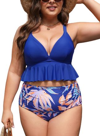 Cupshe Damen Gro&szlig;e Gr&ouml;&szlig;en Tankini Set V Ausschnitt High Waist Tropical Print R&uuml;schen Bauchweg Zweiteiliger Badeanzug Plus Size Curvy Bademode Swimsuit K&ouml;nigs