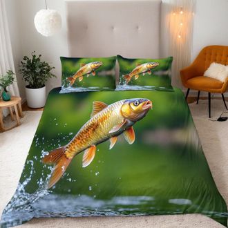 Generic Karpfen Bettw&auml;sche 140x200 3D Drucken Flusskarpfen Bettw&auml;sche-Sets Weiche Kuschelig Mikrofaser Bettbezug mit 2 Kissenbez&uuml;ge 80x80 cm mit Rei&szlig;verschlus