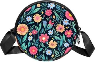 Generic Sac &agrave; bandouli&egrave;re rond pour femme, motif fleurs color&eacute;es, petit sac &agrave; bandouli&egrave;re avec fermeture &eacute;clair, bretelles r&eacute;glables, sac &agrave; main rond d&eacute;contra