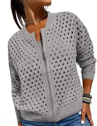 Generic Veste d&eacute;contract&eacute;e en tricot creux avec fermeture &eacute;clair pour femme, pull en r&eacute;sille, veste zipp&eacute;e au crochet, gris clair, XXL