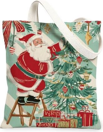 Generic Sacs fourre-tout en toile motif P&egrave;re No&euml;l, sacs d&eacute;picerie r&eacute;utilisables, vintage, r&eacute;tro, l&eacute;gers, lavables, Rouge, 13x15 Inch