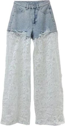 Generic Femmes Mode Diamants Patchwork Dentelle Casual Jeans Hiver Taille Haute Droite Denim Pantalon, bleu, S