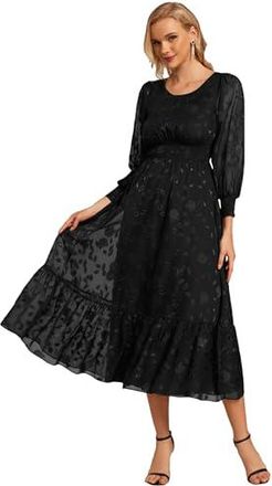 Ever-pretty Robe de Soirée Col Rond Mousseline de Soie Jacquard Mi-Longue Manches Longues Taille Empire Robe Formelle Chic Noir 48
