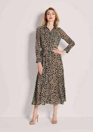 Madeleine Maxikleid Druckkleid mit Leo-Muster Midikleid mit Hemdkragen, Bindeband, Kn&ouml;pfen, Wadenl&auml;nge und Langarm