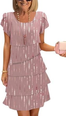 Onsoyours Femmes Été Robe en Mousseline Col Rond Élégante Robes De Soirée Fleurs Impression À Manches Courtes Volants Léger Et Respirant Mini Dress Décontracté 