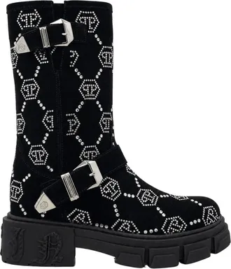 Philipp Plein Femme, Chaussures, Noir, Taille: 36 EU Bottes Daim Strass Plates Hautes Monogram