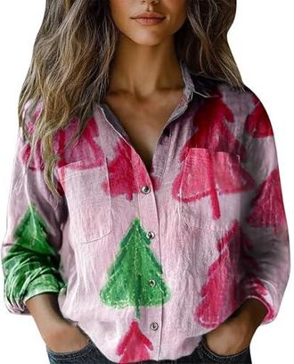 Generic Chemises de Noël pour femme avec revers boutonné, col en V, chemisiers de vacances de Noël, haut graphique, tenue de fête habillée formelle élégante p