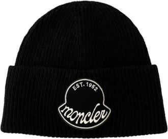 Moncler Homme, Accessoires, Noir, Taille: ONE Size Bonnet en maille c&ocirc;tel&eacute;e avec embl&egrave;me