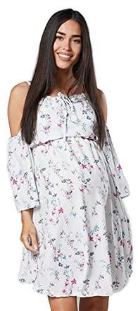 Happy Mama Happy Mama.Femme Maternit&eacute; Et Allaitement Robe &eacute;paules Froides Manches 3/4.604p (Blanc avec Petites Fleurs imprim&eacute;es, 42, XL)