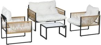 OUTSUNNY Ensemble salon de jardin 4 places 4 pi&egrave;ces 3 coussins acier r&eacute;sine cr&egrave;me