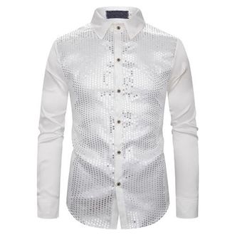 Generic Chemise à Paillettes pour Homme en Satin de Soie Brillante Veste Tops Chemises à Paillettes Slim Hauts Classique Chemise Brillante Manches Longues pou