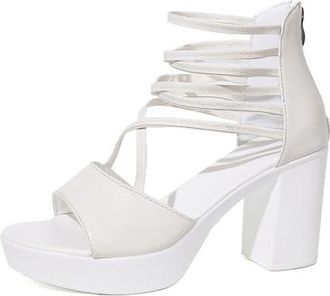 Generic Sandales &agrave; talons hauts pour femme avec sangle de cheville et fermeture &eacute;clair confortables &agrave; bout ouvert, blanc, 40.5 EU