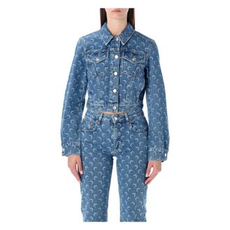 Marine Serre Femme, Vestes, Bleu, Taille: 40 FR Cropped Denim Jacket Moon Allover