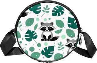 Generic Petit sac &agrave; bandouli&egrave;re circulaire pour femme, motif feuilles de raton laveur, sac &agrave; dos avec fermeture &eacute;clair, bretelles r&eacute;glables, sac &agrave; main rond d