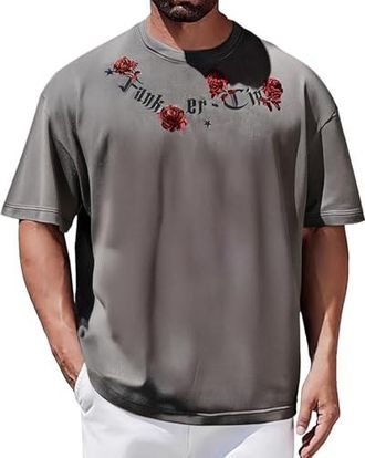 Generic 2026 Saint-Valentin europ&eacute;enne rose broderie lettre hommes d&eacute;contract&eacute; tendance l&acirc;che col rond manches courtes t-shirt, caf&eacute;, XXL