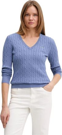 GANT Pull en coton stretch &agrave; col V et torsades - Femme - Pulls - Bleu - Taille: 34 FR