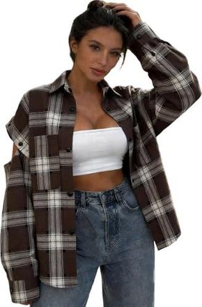 Generic DUHENWU Chemise &agrave; carreaux &agrave; manches longues pour femme - Chemise de loisirs boutonn&eacute;e - Coupe droite - D&eacute;contract&eacute;e - Col en V - Chemise daffaires - 