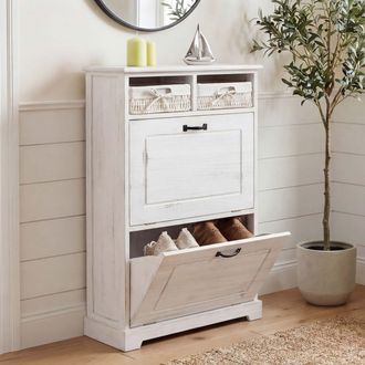 Mendler Schuhkipper HWC-H19AM, Schuhschrank Schuhregal Schuhablage, Massiv-Holz Shabby-Look Korb-Schublade 100x60x24cm - wei&szlig;