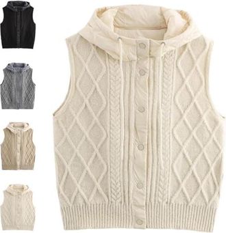 Generic Gilet matelass&eacute; &agrave; capuche en tricot l&eacute;ger et rembourr&eacute; sans manches pour femme, beige, Taille unique
