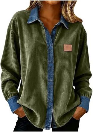 Generic Chemise en jean boutonn&eacute;e pour femme, col &agrave; revers vintage, patchwork en velours c&ocirc;tel&eacute;, chemise de printemps surdimensionn&eacute;e et l&eacute;g&egrave;re, veste en jean