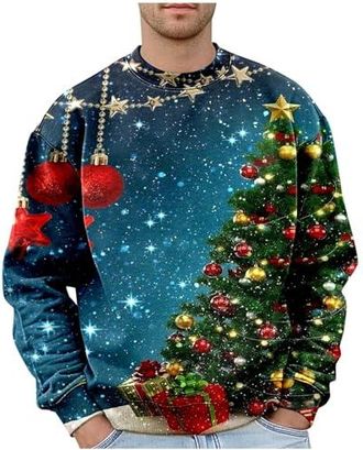 Generic Pull de Noël pour homme, pull de Noël amusant et fantaisie, imprimé graphique, motif imprimé, pull dhiver chaud à col rond, tendance, décontracté, ten