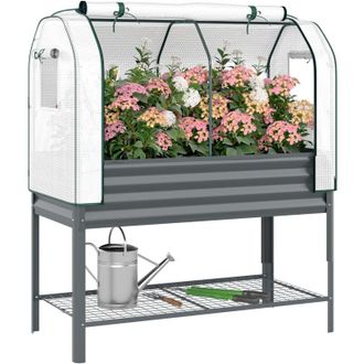OUTSUNNY Jardini&egrave;re Sur&eacute;lev&eacute;e - Outsunny - Serre en PE Inclus - Doublure et &Eacute;tag&egrave;re Inf&eacute;rieure - M&eacute;tal - 120x55x140cm - Gris Fonc&eacute;