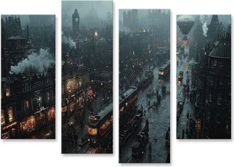 Islandburner Prime Bild auf Leinwand Regnerische Nacht in der viktorianischen Stadt mit Luftschiff 1 f&uuml;r Wohnzimmer Steampunk-Enthusiasten Buchhandlung Bilder Wand