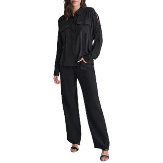 DKNY Womens Long Sleeves Cut Shoulder Button Front Blouse, Black, Large