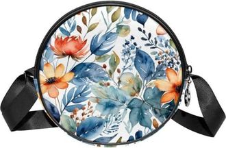 Generic Sac &agrave; bandouli&egrave;re rond pour femme, motif fleurs et feuilles, sac &agrave; dos avec fermeture &eacute;clair, bretelles r&eacute;glables, sac &agrave; main rond d&eacute;contract&eacute; pour fe