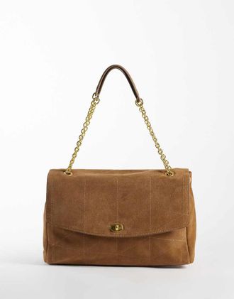 Mango sac port&eacute; &eacute;paule matelass&eacute; en daim 100 % cuir avec bandouli&egrave;res cha&icirc;ne camel-Marron