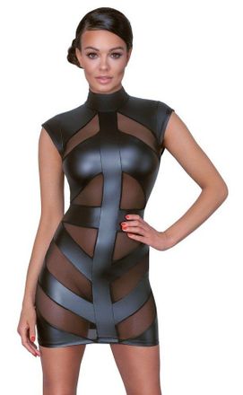 Cottelli Collection Minikleid Wetlook Kleid mit transparenten Streifen - schwarz (1-tlg) Vorne transparente Powernet-Eins&auml;tze