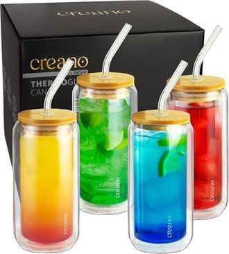 Creano Verre à double paroi avec couvercle en bambou et paille - 360 ml - Lot de 4 - Gobelets à smoothie - Bubble Tea - Verre à cocktail