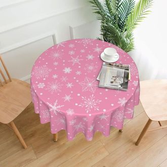 Ahdyr Schneeflocken Weihnachten Rosa Tischdecke, waschbare Polyester-Tischdecke f&uuml;r Esszimmer, K&uuml;che, Party, Winter, Weihnachtsdekoration, rund, 60 Zoll
