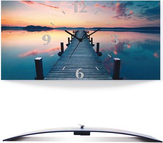 Artland Wanddeko Wanduhr ohne Tickgeräusche Alu Quarzuhr 50x25 cm Rechteckig Lautlos Natur See Steg Sonnenaufgang Urlaub Modern T9QL