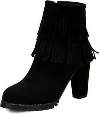 Generic Bottines &eacute;l&eacute;gantes &agrave; double frange pour femme Bout en amande Couleur unie Talons blocs Fermeture &eacute;clair Chaussures dhiver occidentales, Noir, 38.5 EU
