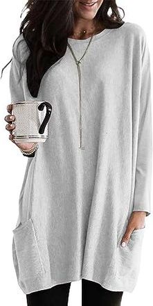 Minetom T-Shirt Femme Long Tshirt Oversize Col Rond Tee Shirts à Manche Courte Eté Longshirt AVCE Poches Casual Ample Top Blouse Chic Lâche Décontracté Haut L