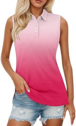 Generic D&eacute;bardeur sans manches &agrave; col pour femme, camisole boutonn&eacute;e de couleur d&eacute;grad&eacute;e pour l&eacute;t&eacute;, lentra&icirc;nement quotidien et haut ray&eacute; pour femme, rouge past