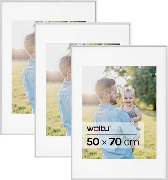 Woltu Bilderrahmen 50x70 cm, 3 Set, Fotorahmen Silber, Aluminium, mit Passepartout, zum vertikalen oder horizontalen Aufh&auml;ngen/Aufstellen, f&uuml;r Fotos, Bilder
