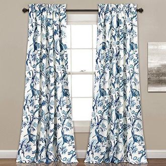 Lush Décor Dolores 2 STK. Lichtfilternde Fensterpaneele, 132 x 213 cm, Blau - Stoffvorhänge - Blumen-Vogeldruck - Grandmillennial & Französischer Landhausstil - 