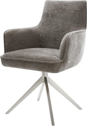 DELIFE Esszimmerstuhl Heira-Flex mit Armlehnen Kreuzgestell breit Edelstahl Boucl&eacute; Soft Schlamm 360&deg; drehbar Wippfunktion Taschenfederkern