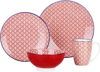 VANCASSO Steingut-Geschirrset f&uuml;r 1 Person, 4-teilig, rot, Serie MACARON - Sp&uuml;lmaschinenfest, Speiseteller (26,5 cm), Dessertteller (22 cm), M&uuml;slischale (700 m