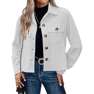 Generic Veste courte d&eacute;contract&eacute;e &agrave; manches longues et col &agrave; revers pour femme en velours c&ocirc;tel&eacute;, blanc, XXL