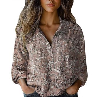 Generico Chemise Femme Curvy Manches Longues Blouse Coton Et Lin D&eacute;contract&eacute; Respirant Chemisier Col en V Doux Chemises Vintage Fantaisie avec Boutons Mode T S